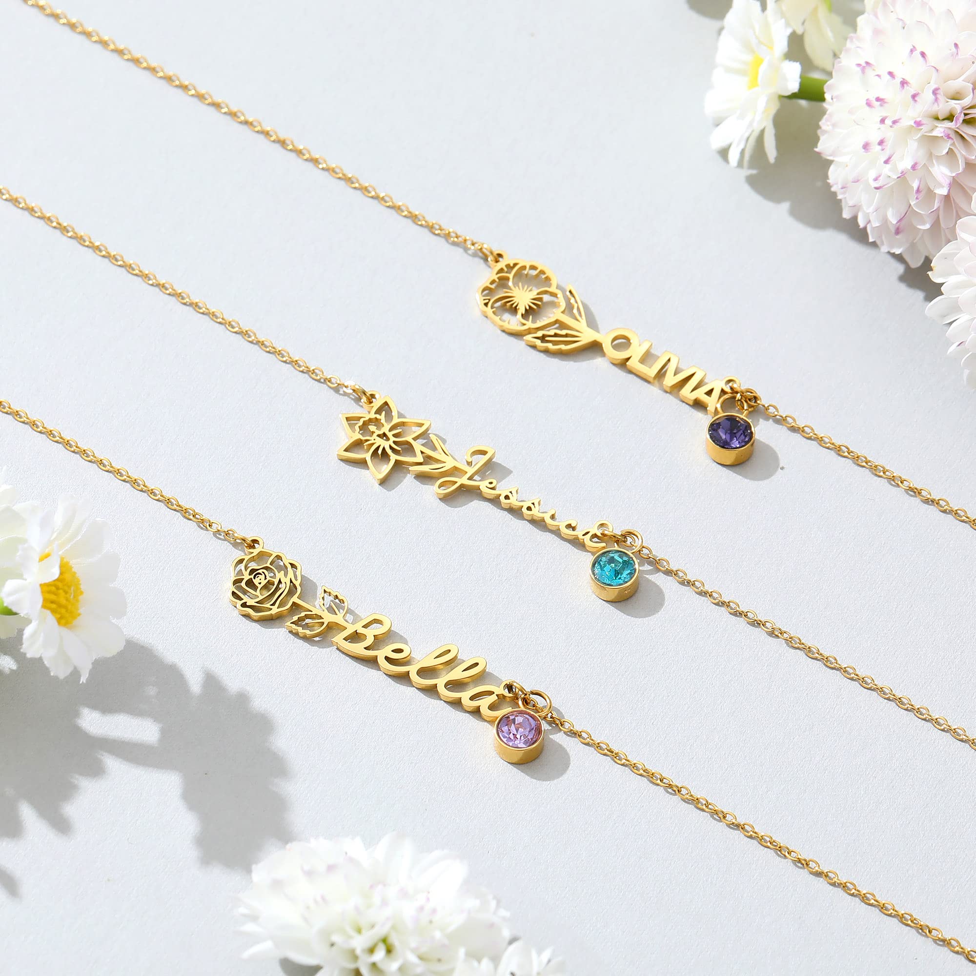 MLUHKEE Birth Flower Name Necklace Personalized, 18K Gold Plated Floriography Custom Birth Flower Necklace with Name, Customized Birthstone Necklace for Women, 3 Colors