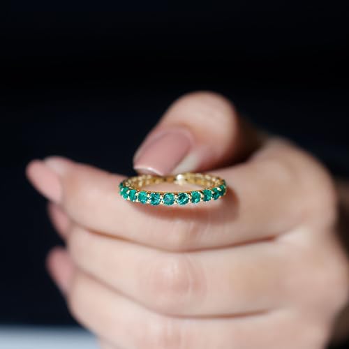 Certified Lab Grown Emerald Eternity Band, AAAA Quality, Emerald Anniversary Ring - With Jewelry Box, 14K Yellow Gold, Size:US 9.00