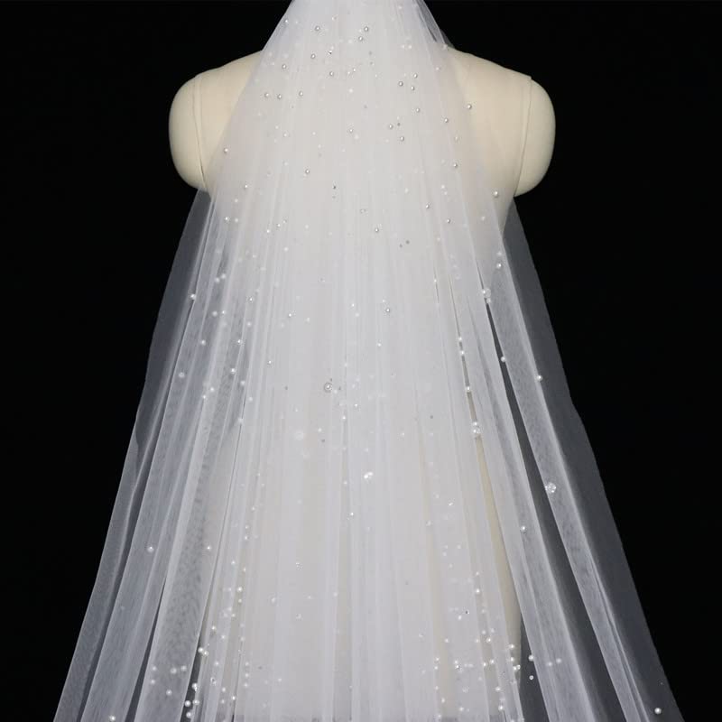 Wedding Accessory Luxury Off White Rhinestones Pearl Beads 3.5 Meter Long Wedding Veil with Comb Cathedral Veil Headwear Bridal Accessories (Color : Off White)