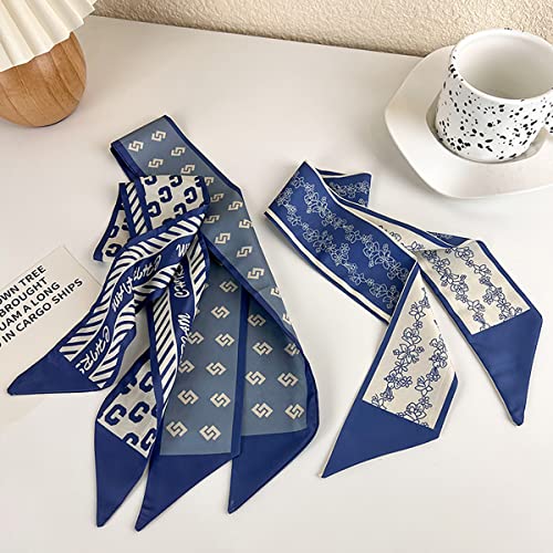 NCDUANSAN Retro small silk scarf girl heart spring and summer narrow ribbon headband headband bag decoration long scarf headdress (blue hair band 5pcs)