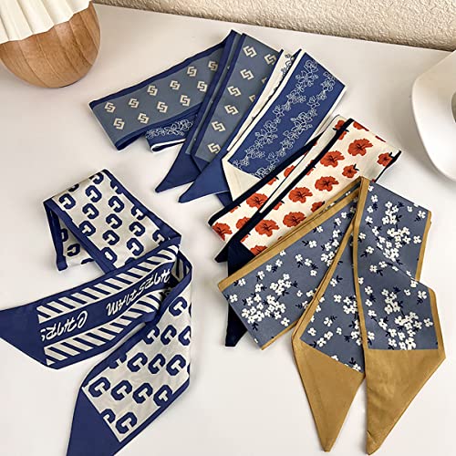 NCDUANSAN Retro small silk scarf girl heart spring and summer narrow ribbon headband headband bag decoration long scarf headdress (blue hair band 5pcs)