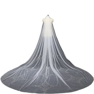 wedding accessory luxury off white rhinestones pearl beads 3.5 meter long wedding veil with comb cathedral veil headwear bridal accessories (color : off white)