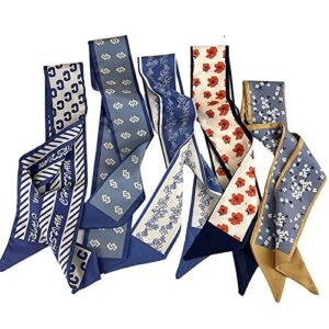 ncduansan retro small silk scarf girl heart spring and summer narrow ribbon headband headband bag decoration long scarf headdress (blue hair band 5pcs)