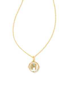 kendra scott letter h 14k gold-plated brass disc reversible pendant necklace in iridescent abalone, fashion jewelry for women