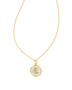 kendra scott letter l 14k gold-plated brass disc reversible pendant necklace in iridescent abalone, fashion jewelry for women