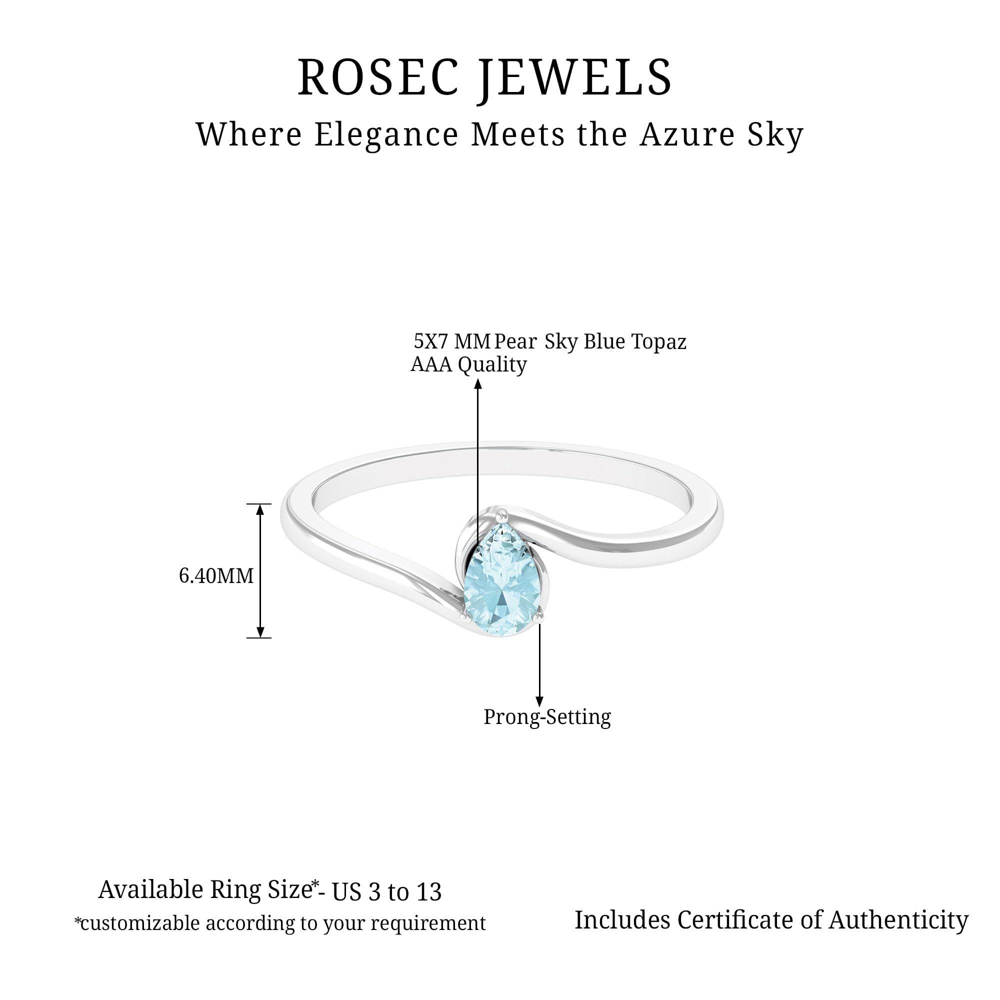 Rosec Jewels Natural Sky Blue Topaz Solitaire Engagement Ring, AAA Quality, Certified Topaz Bypass Ring - Ready to Gift, 14K White Gold, Size:US 4.00