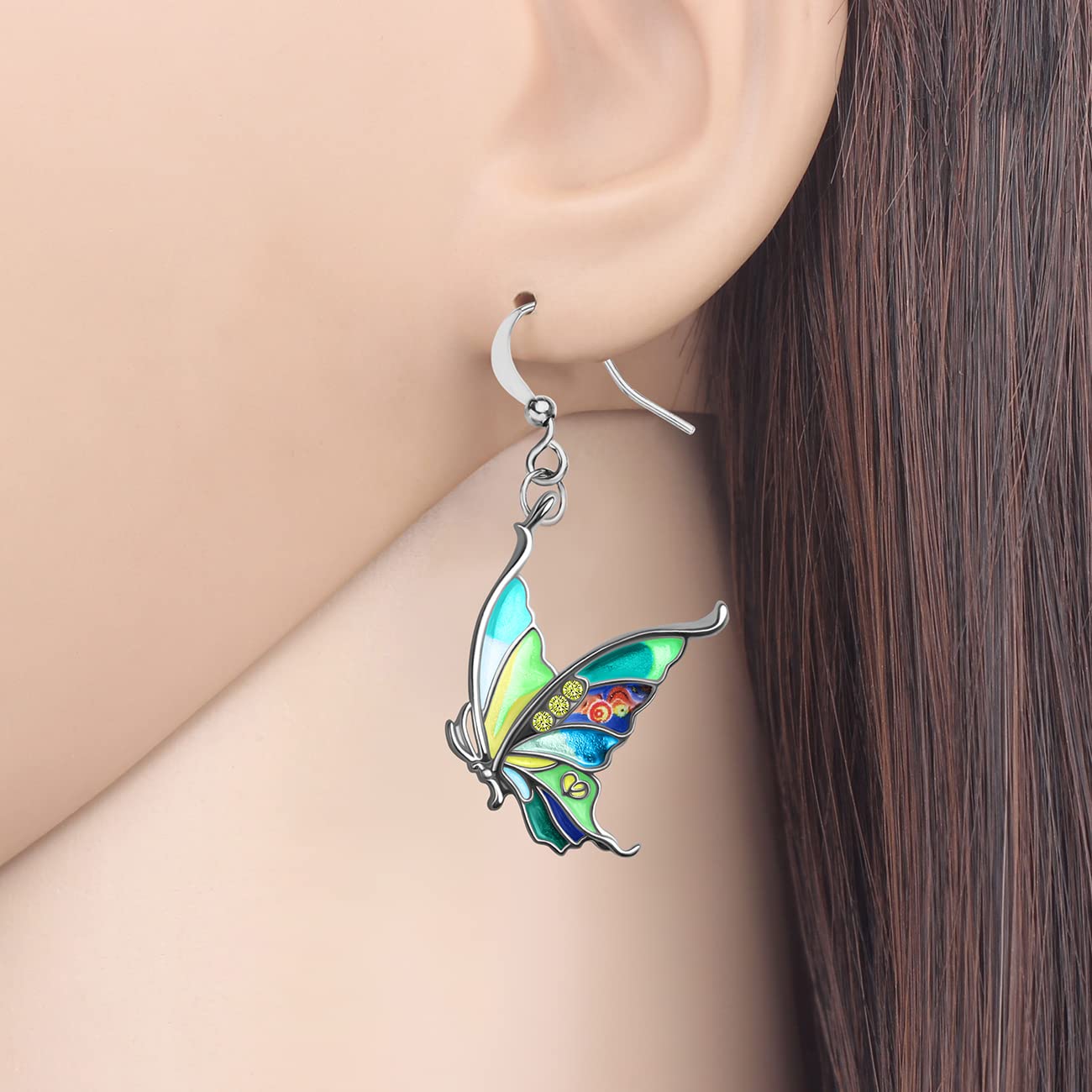 Enamel Alloy Rhinestone Butterfly Earrings Dangle Fashion Insect Summer Jewelry Butterfly Gfits for Women (Green)