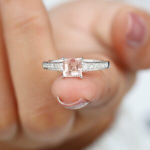 Certified Morganite 5 mm Princess Cut Engagement Ring, AAA Quality, Natural Peach Morganite Diamond Ring (With Jewelry Box), 14K White Gold, Size:US 5.00