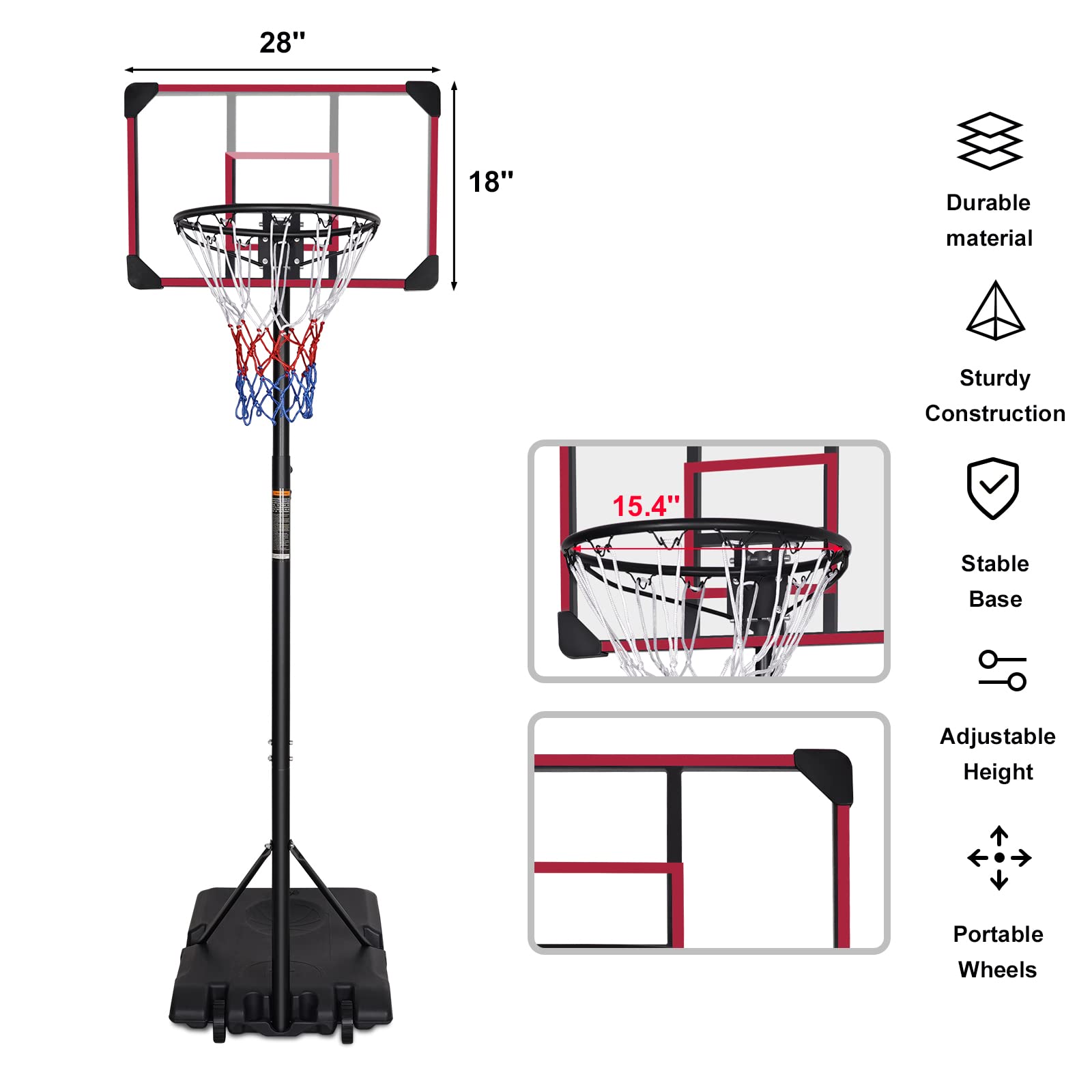 HooKung Portable Basketball Hoops Height Adjustable 5.6ft -7ft Basketball System 28 Inch Backboard with Wheels for Teenagers Youth Indoor Outdoor Use, red