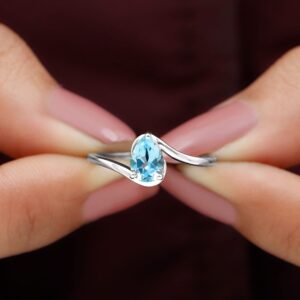 Rosec Jewels Natural Sky Blue Topaz Solitaire Engagement Ring, AAA Quality, Certified Topaz Bypass Ring - Ready to Gift, 14K White Gold, Size:US 4.00