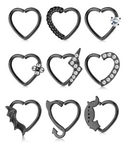 orazio 9 pairs heart daith earring cartilage earrings hoops septum nose rings for women men stainless steel helix rook snug lobe conch daith piercing silver/gold/black/rose gold tone piercing earrings