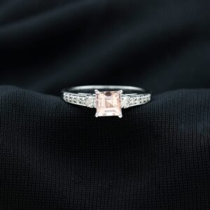 Certified Morganite 5 mm Princess Cut Engagement Ring, AAA Quality, Natural Peach Morganite Diamond Ring (With Jewelry Box), 14K White Gold, Size:US 5.00