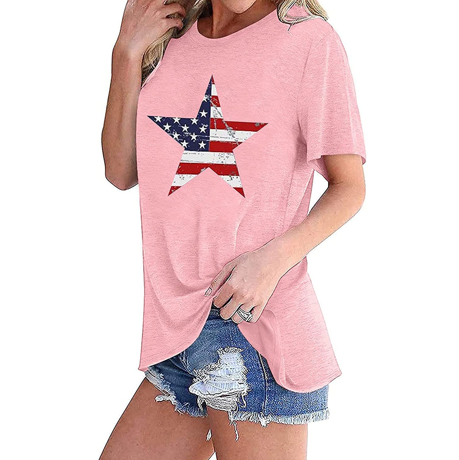 Womens American Flag Tops July 4th Sleeveless/Short Sleeve Tie Dye Print T-Shirt Casual Independence Day Patriotic Tees Pink