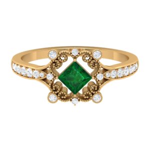 rosec jewels certified emerald vintage inspired engagement ring, aaa quality, natural emerald diamond art deco ring, 14k yellow gold, size:us 7.00