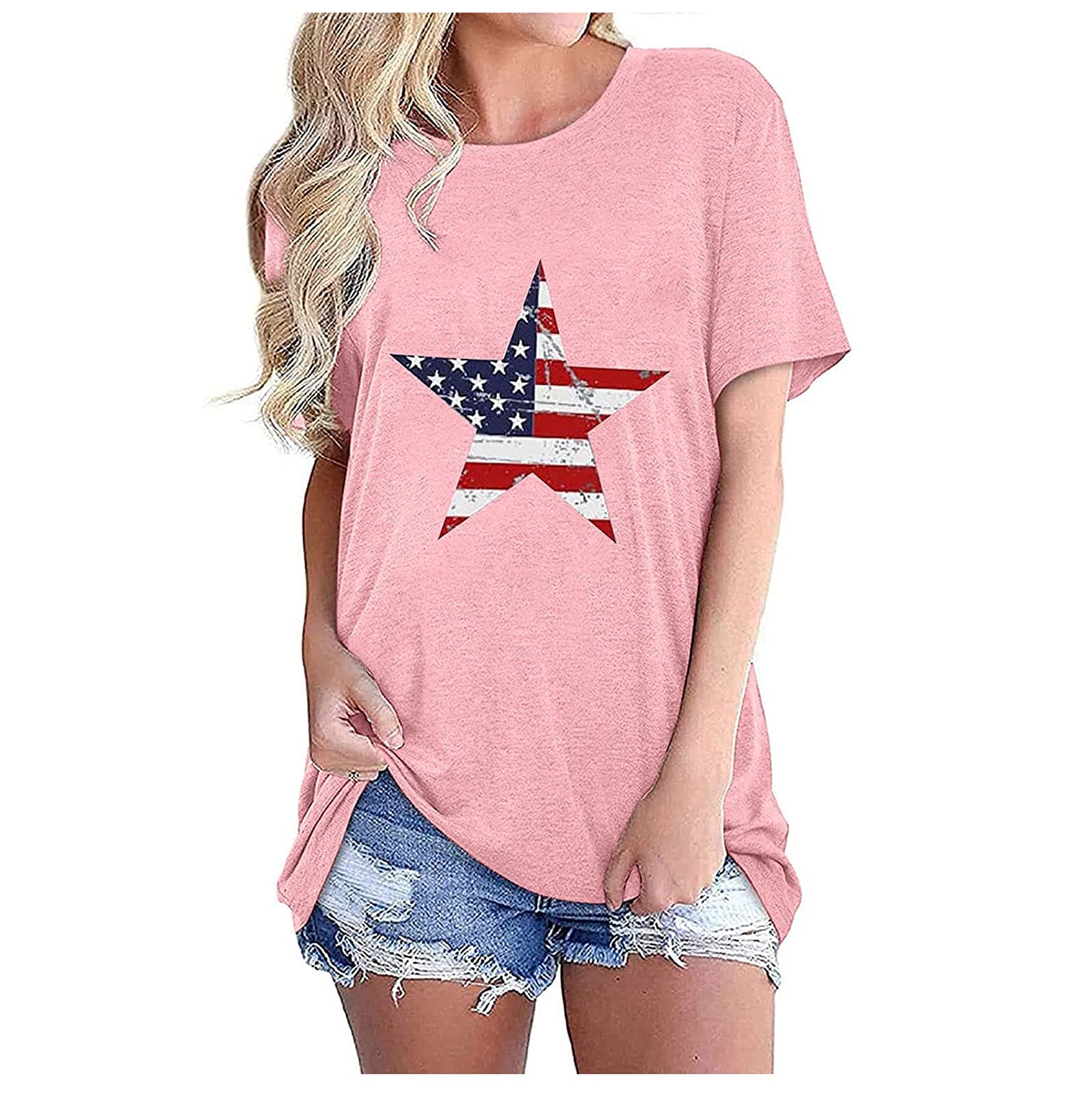 Womens American Flag Tops July 4th Sleeveless/Short Sleeve Tie Dye Print T-Shirt Casual Independence Day Patriotic Tees Pink