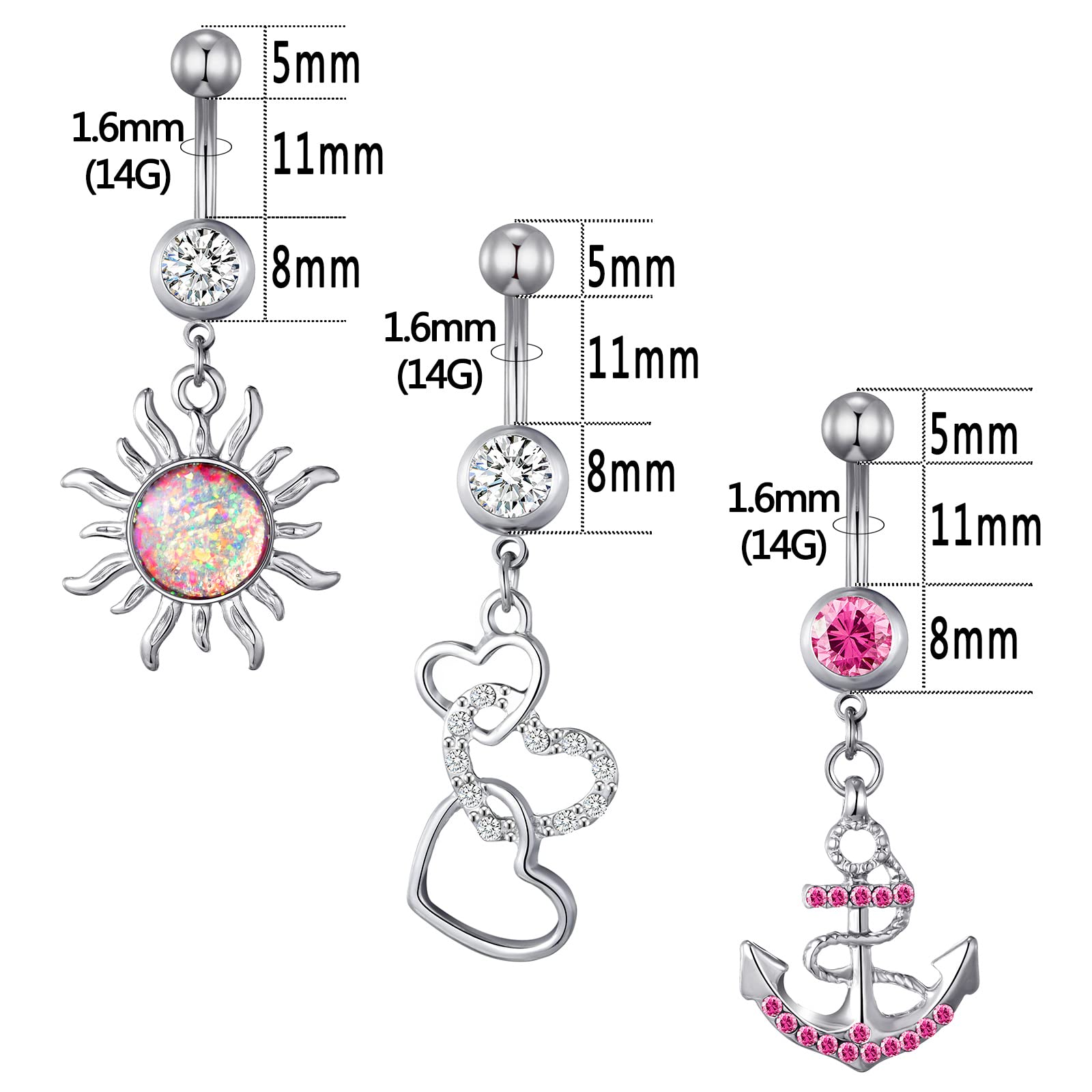 TAMHOO 15Pcs 14G Dangling Dangle Belly Button Rings Belly Rings for Women Navel Rings for Women Belly Piercing