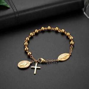 Rofusn Cross Rosary Beads Bracelet, Stainless Steel Jesus Christ Crucifix Cross Wristband for Men Women Wedding-Gold