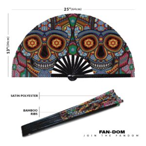 Dia De Los Muertos Hand Fan Foldable Bamboo Circuit Rave Hand Fans Colorful Sugar Mexican Skulls Day Dead Huichol Outfit Party Gear Gifts Music Festival Rave Accessories (Style 3)