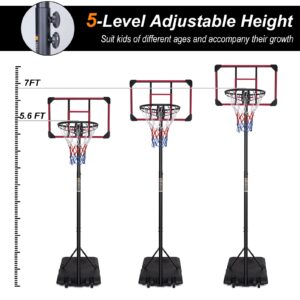 HooKung Portable Basketball Hoops Height Adjustable 5.6ft -7ft Basketball System 28 Inch Backboard with Wheels for Teenagers Youth Indoor Outdoor Use, red