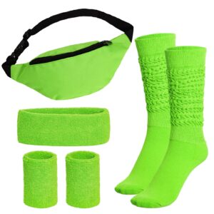 dxhycc 80s workout costume headband wristband set neon fanny pack running headband wristbands and slouch socks for yoga running hiking traveling green