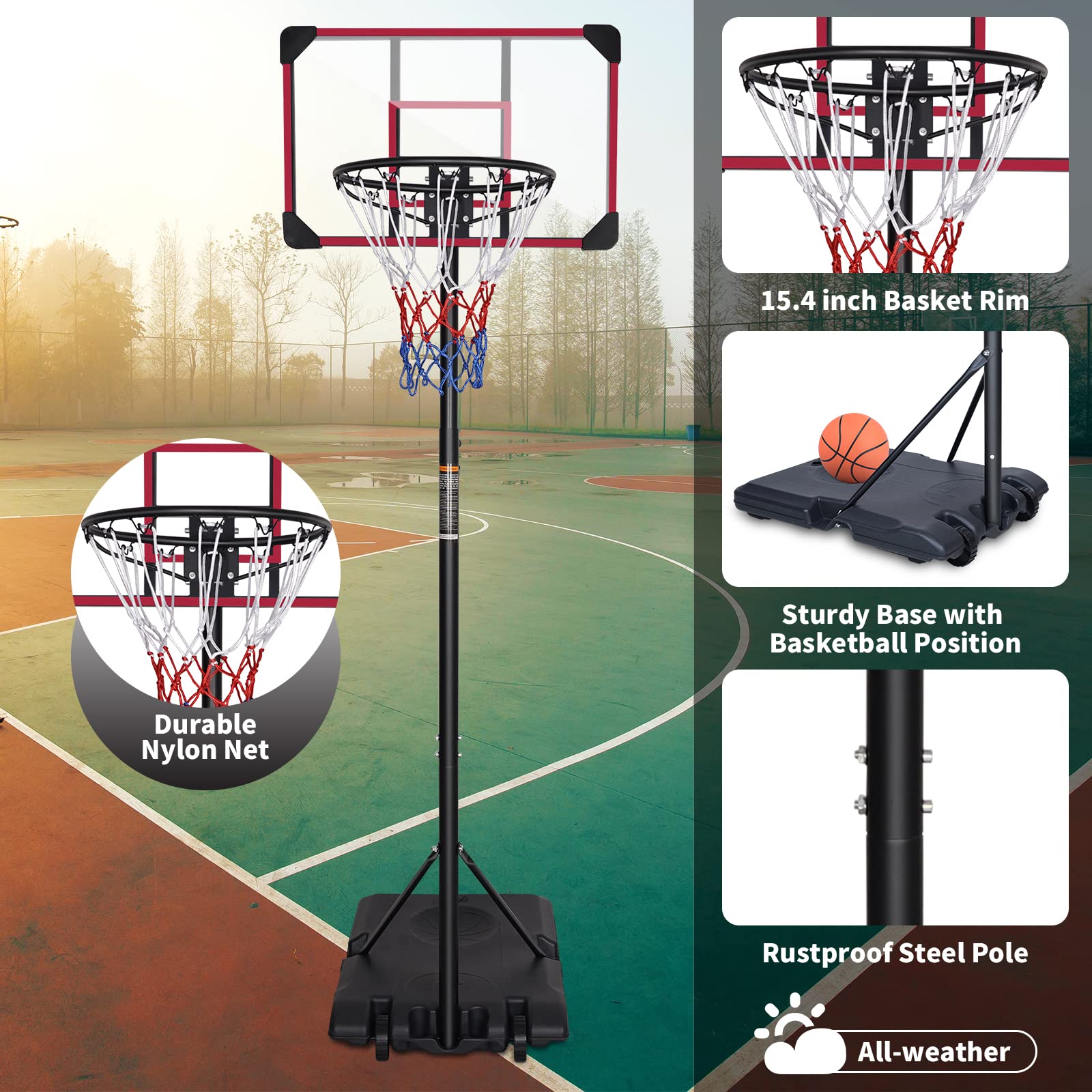 HooKung Portable Basketball Hoops Height Adjustable 5.6ft -7ft Basketball System 28 Inch Backboard with Wheels for Teenagers Youth Indoor Outdoor Use, red