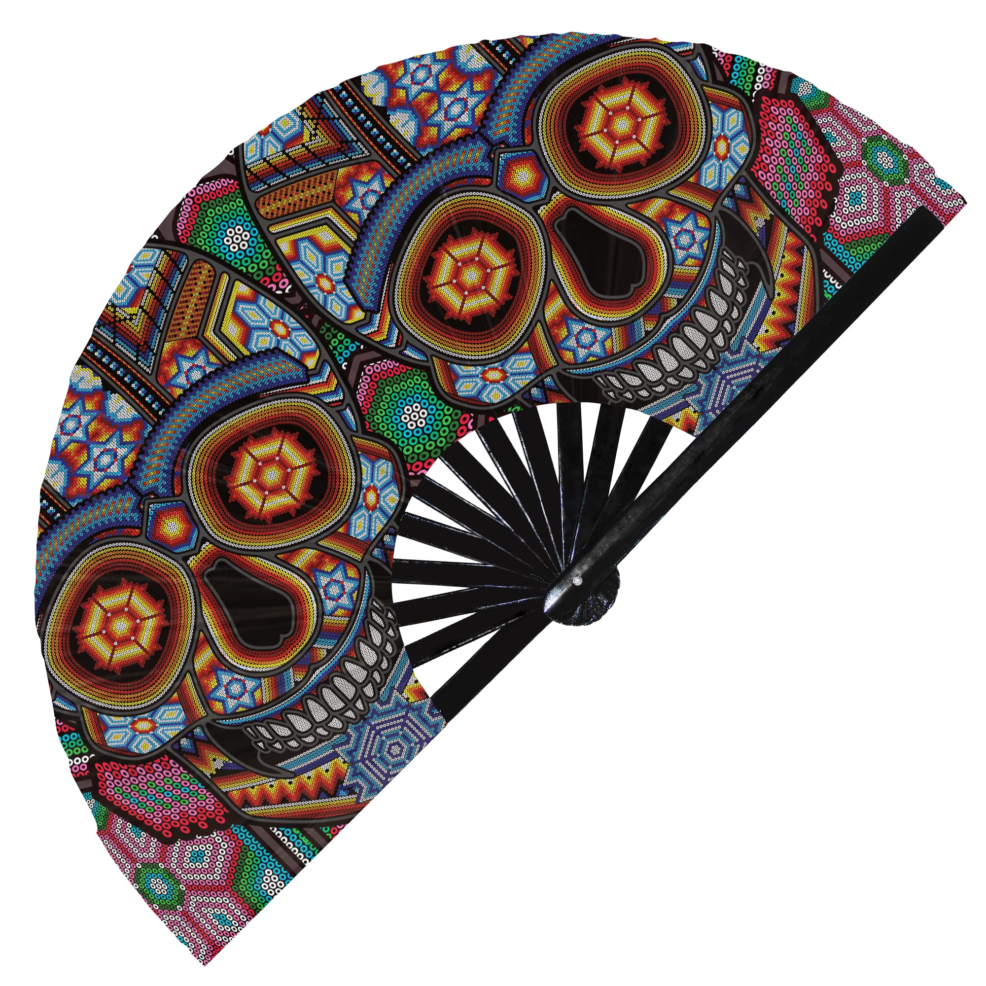 Dia De Los Muertos Hand Fan Foldable Bamboo Circuit Rave Hand Fans Colorful Sugar Mexican Skulls Day Dead Huichol Outfit Party Gear Gifts Music Festival Rave Accessories (Style 3)