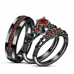 14k black gold over him & her round cut red garnet engagement wedding bridal trio ring set 925 sterling silver