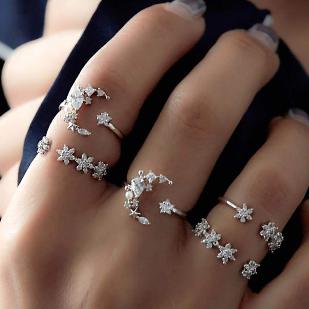 Mood Changing Ring Teenager Jewelry for Girls 14 Stainless Steel Ring Set Wedding Crystal Star Lover Stack Women 5PC Moon Rings Set Silver Bohemian Rings Gold Wrap Green Gold Ring (Silver, One Size)