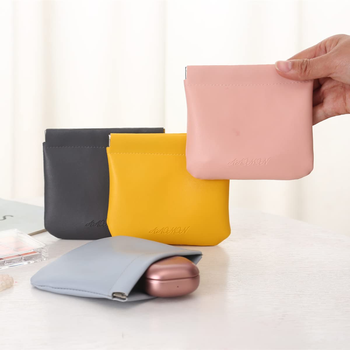 3 Pieces Mini Leather Squeeze Coins Purse Pouch Waterproof Pocket Cosmetic Bag for Women Travel Storage bag for Headphones Jewelry (3 Colors, 4.7x4.5")