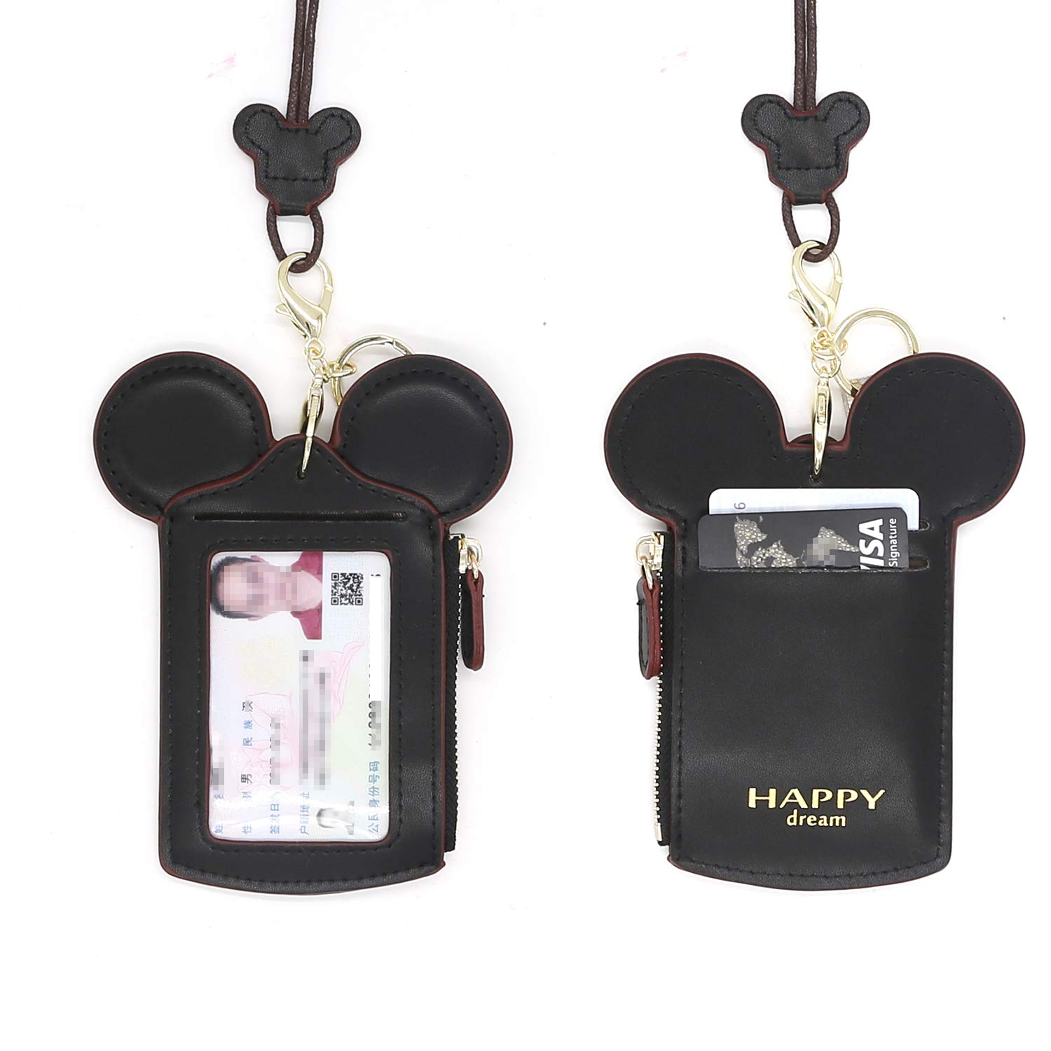 QiMing Mouse Ears Card holder,PU Lovely Lanyard Family Toys for Girl Woman(Black)