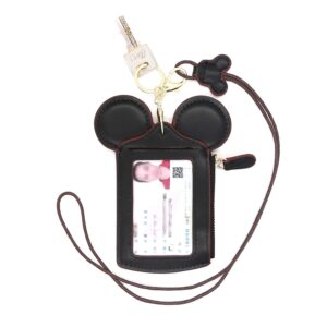 qiming mouse ears card holder,pu lovely lanyard family toys for girl woman(black)