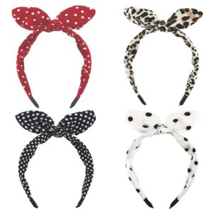 wecoe hairband, 4 pack bow headbands for women girls, cute knotted headband with bow, red, white, black, comfortable cloth leopard polka dot hair bands, valentine's day hair accessories, gift