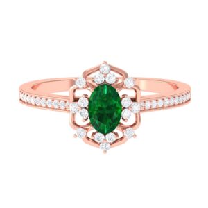 created emerald and diamond vintage flower engagement ring | aaaa quality, 14k rose gold, size:us 10.50