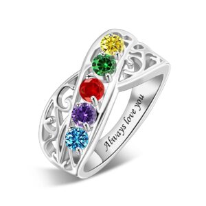 yitub sterling silver personalized mothers ring with 1-6 simulated birthstones custom family rings mothers day birthday anniversary jewelry gifts for mom grandma (5 stones)