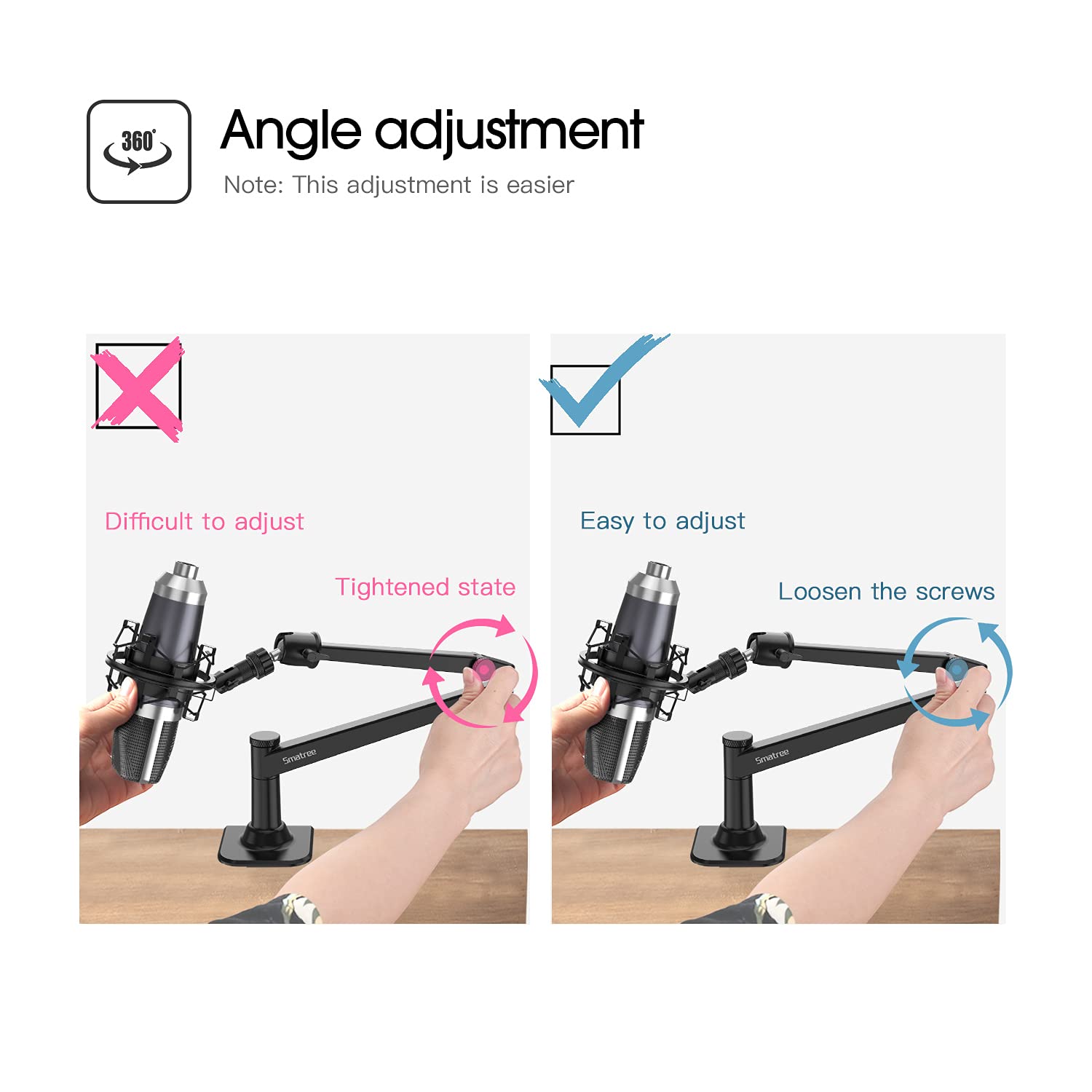 Smatree Mic Arm Desk Mount for Shure SM7B/SM58/MV7/AT2020 Mic, Shure SM7B Mic Stand, Metal Mic Arm Stand with 5/8" Adapter for Singing,Podcasts and Recording