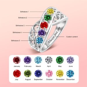 YITUB Sterling Silver Personalized Mothers Ring with 1-6 Simulated Birthstones Custom Family Rings Mothers Day Birthday Anniversary Jewelry Gifts for Mom Grandma (5 Stones)