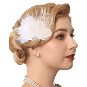 genbree white feather hair clip 1920s flapper headpiece crystal headband prom party head accessories for women