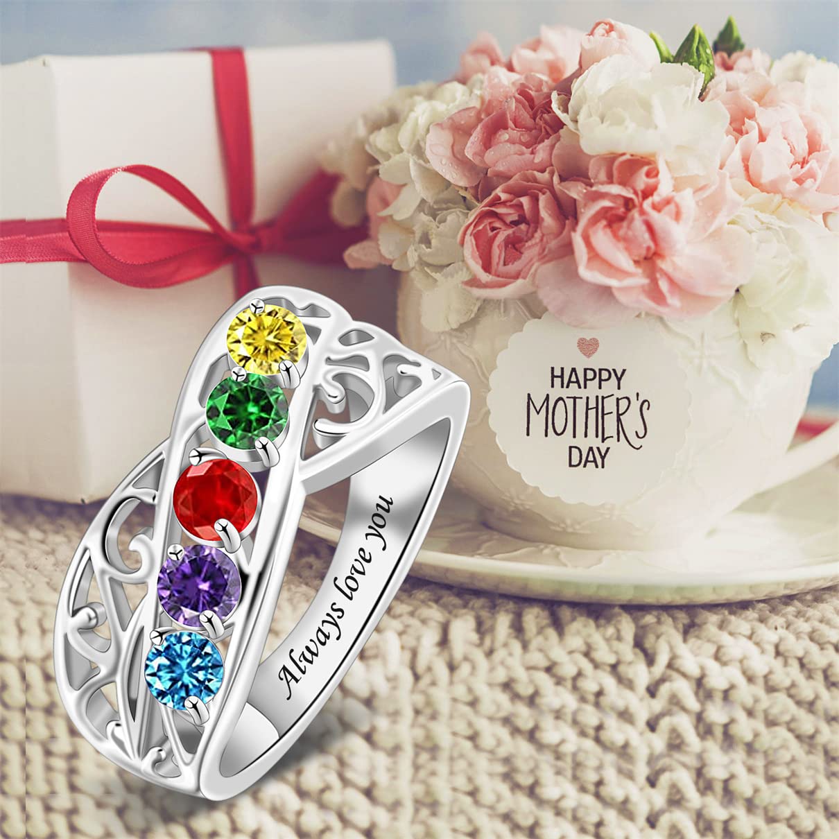 YITUB Sterling Silver Personalized Mothers Ring with 1-6 Simulated Birthstones Custom Family Rings Mothers Day Birthday Anniversary Jewelry Gifts for Mom Grandma (5 Stones)