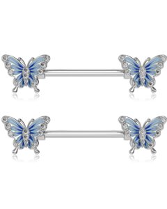 oufer butterfly nipple rings, 316l surgical steel paved shiny clear cz nipple barbells,14g nipple piercing jewelry for women