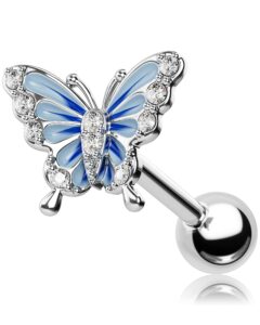 oufer 16g helix earrings, 316l stainless steel tragus earring studs, blue butterfly elements paved shiny clear cz cartilage earrings, flower helix piercing jewelry