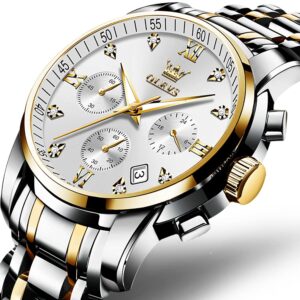 OLEVS Chronograph Multifunction Watches for Men Two-Tone White Dial Waterproof Sport Wrist Watches for Father Husband Boyfriend Son Father's Day Gifts