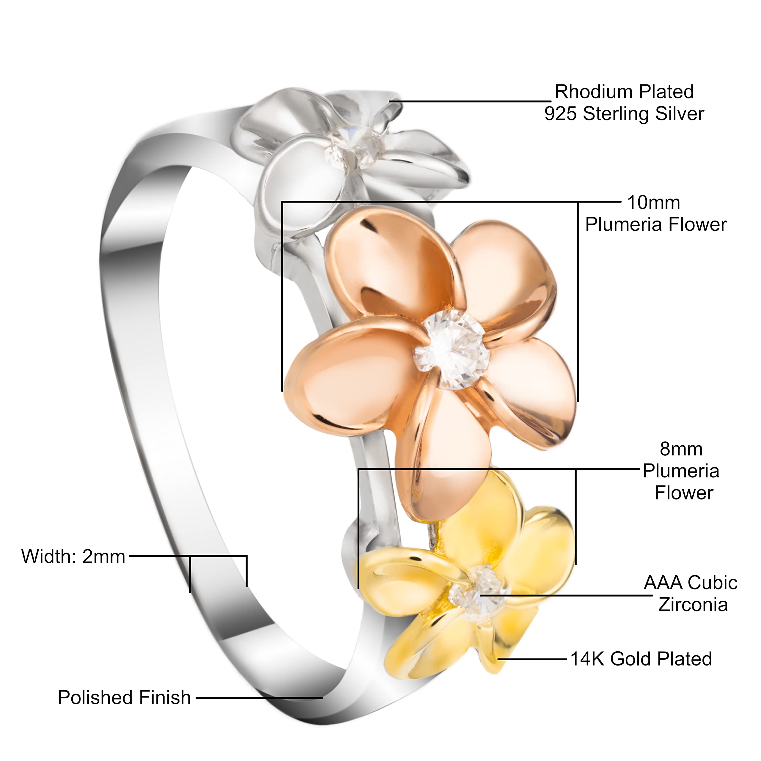 Aloha Jewelry Company 925 Sterling Silver 14K Gold Pated Tri-Color Cubic Zirconia Three Hawaiian Plumeria Flower Ring, Nickle Free Hypoallergenic for Sensitive Skin, Gift Box Included (8)