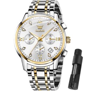 olevs chronograph multifunction watches for men two-tone white dial waterproof sport wrist watches for father husband boyfriend son father's day gifts