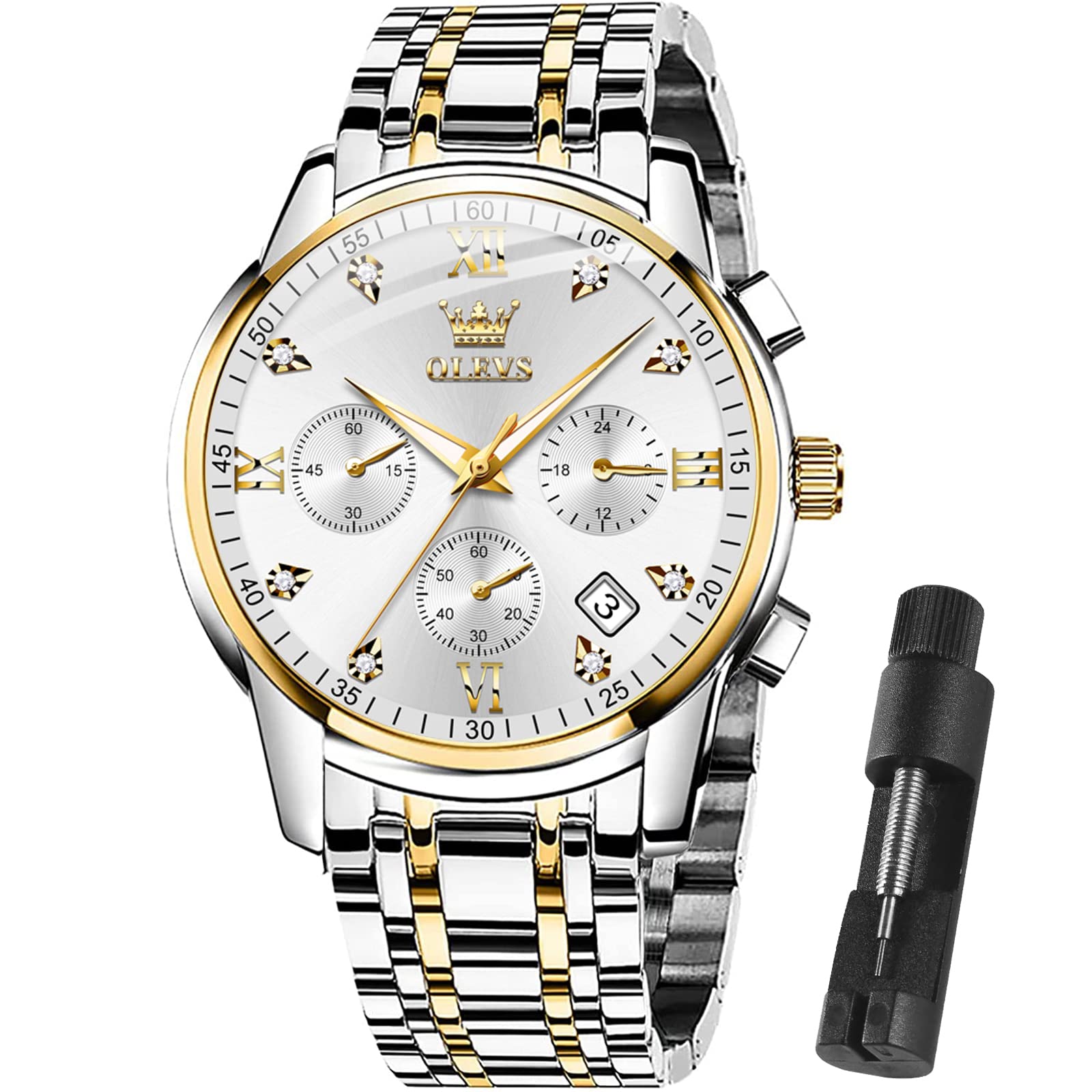 OLEVS Chronograph Multifunction Watches for Men Two-Tone White Dial Waterproof Sport Wrist Watches for Father Husband Boyfriend Son Father's Day Gifts