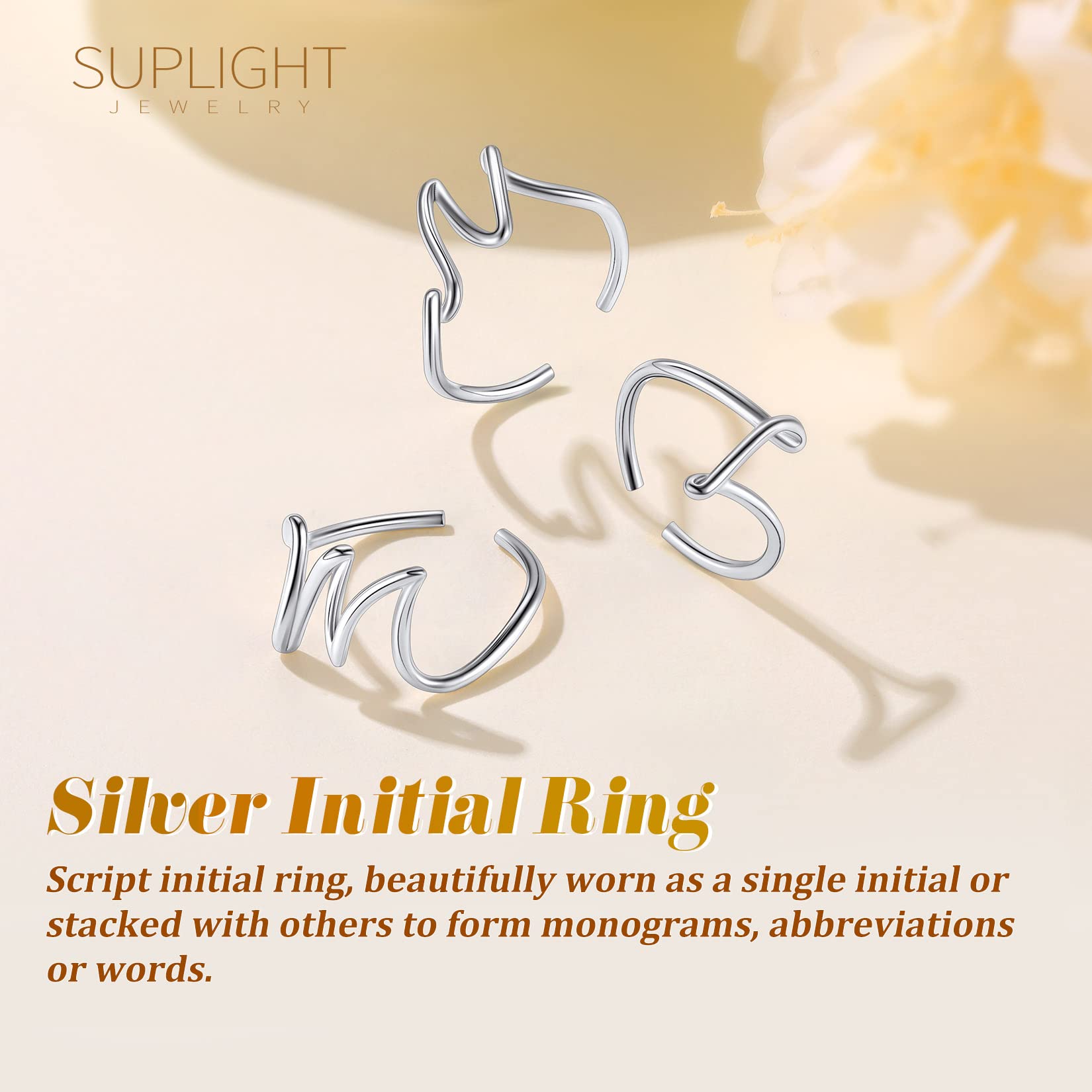 Suplight 925 Sterling Silver N Initial Ring, Ajudstable Alphabet Letter Ring, Women Rings