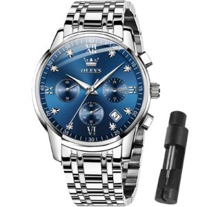 olevs watches for men with date luxury big face waterproof mens wristwatch analog dress two tone stainless steel man watch luminous relojes de hombre calendar(greenblueblack dial）, blue dial,