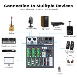 Asmuse Audio Mixer, Professional Sound Board Console System Interface 4 Channel, Bluetooth Dj Sound Mixer Board for Streaming Karaoke PC Guitar, Digital USB MP3 Computer Input 48V Phantom Power Stereo