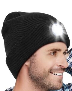 rechargeable led beanie hat with flashlight - unisex winter knitted headlamp cap for men and women