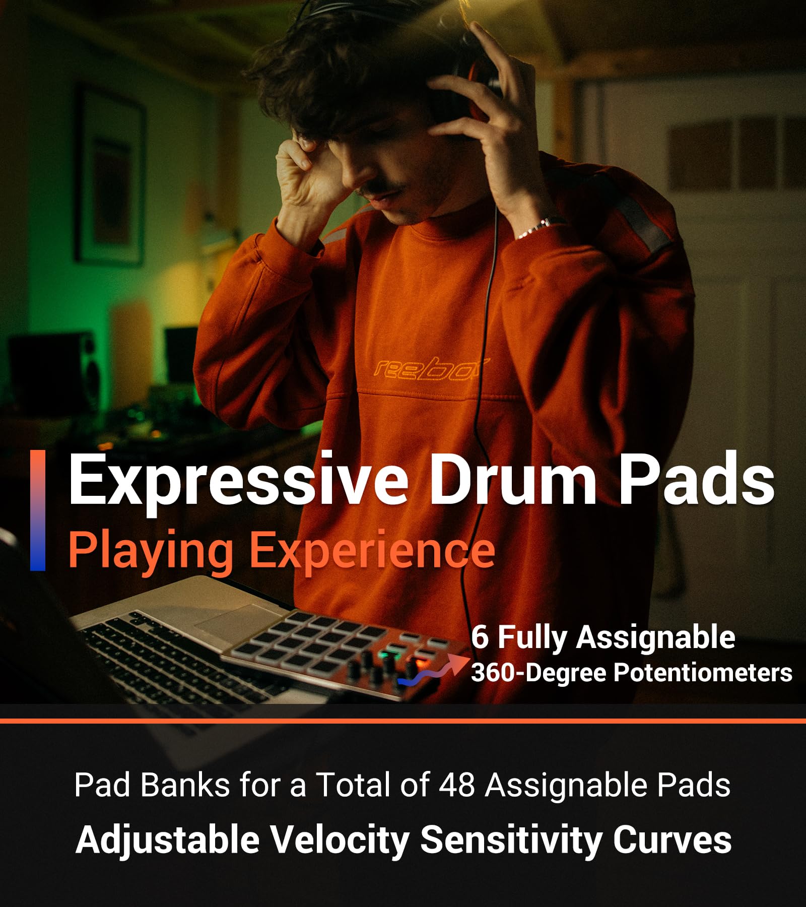 Xjam Professional MIDI Pad Controller - Ultra-Portable Aluminum Frame MIDI Drum Pad with 16 Beat Pads and 6 Assignable Knobs, Beat Machine for Melodic Samples, Plug & Play on iPad, iPhone, Mac, PC