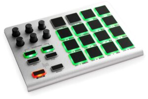 xjam professional midi pad controller - ultra-portable aluminum frame midi drum pad with 16 beat pads and 6 assignable knobs, beat machine for melodic samples, plug & play on ipad, iphone, mac, pc